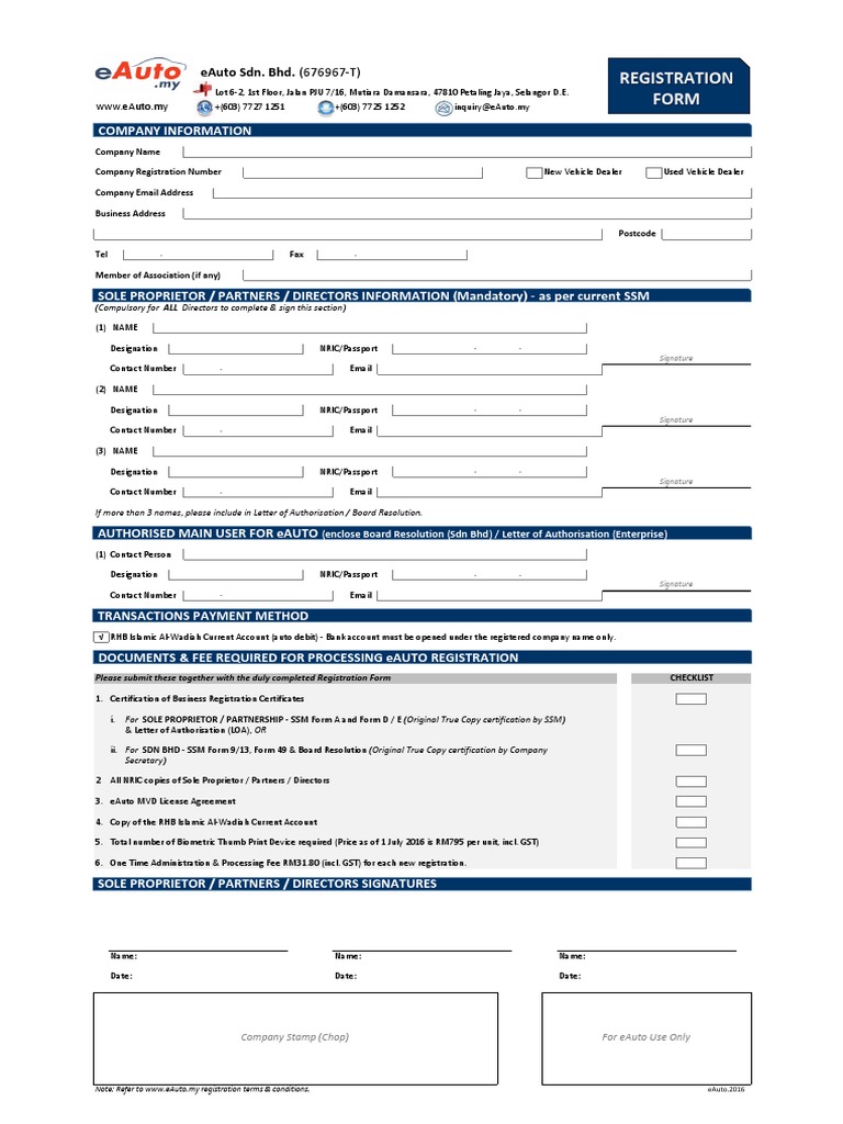 Registration Form: Eauto Sdn. Bhd. (676967-T) | PDF | Business