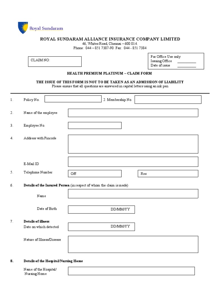 ROYAL SUNDARAM HEALTH CLAIM FORM | PDF | Hospital | Patient