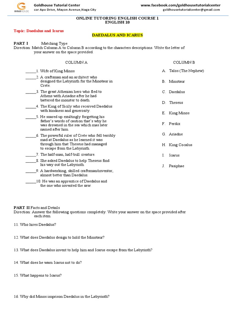 Daedalus and Icarus Worksheet 1 | PDF | Demigods Of Classical Mythology ...