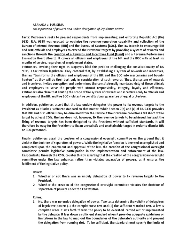 On Separation of Powers and Undue Delegation of Legislative Power ...