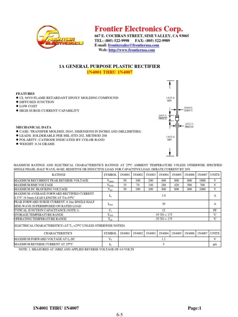 Frontier Electronics Corp.: 1A General Purpose Plastic Rectifier | PDF | Rectifier | Capacitor