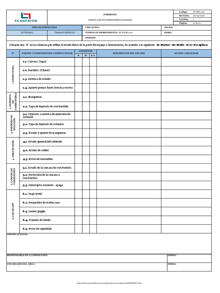 FT-SSO-021 - Formato de Check List de Termonebulizadora | PDF | Energía ...
