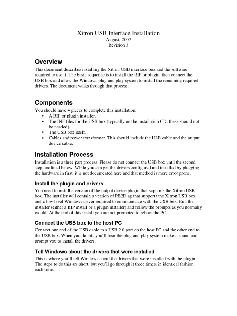 Xitron USB Interface Installation: Install The Plugin and Drivers | PDF | Usb | Installation ...