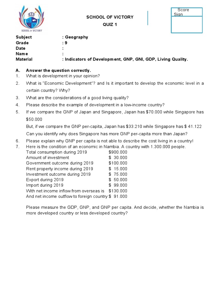 Grade 9 Geography Development Quiz | PDF