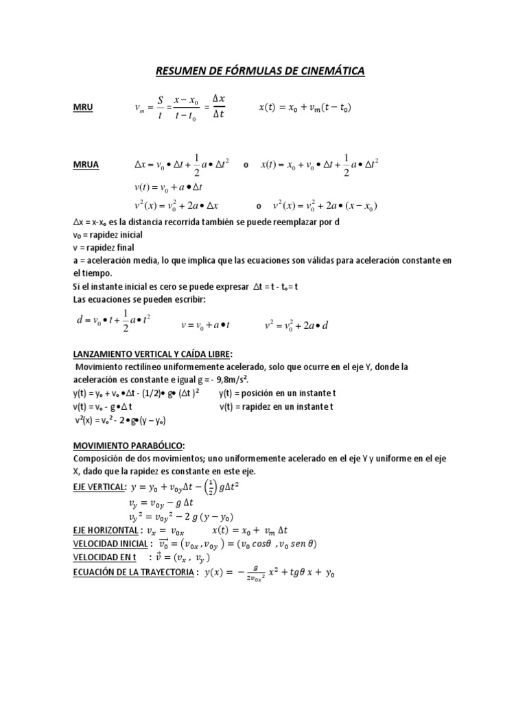 Resumen de Fórmulas de Cinemática PDF | PDF | Cantidad | Fuerza