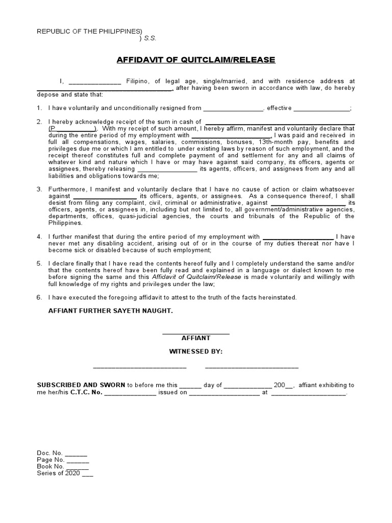 Affidavit of Quitclaim Release (Blank) | PDF | Affidavit | Assignment (Law)