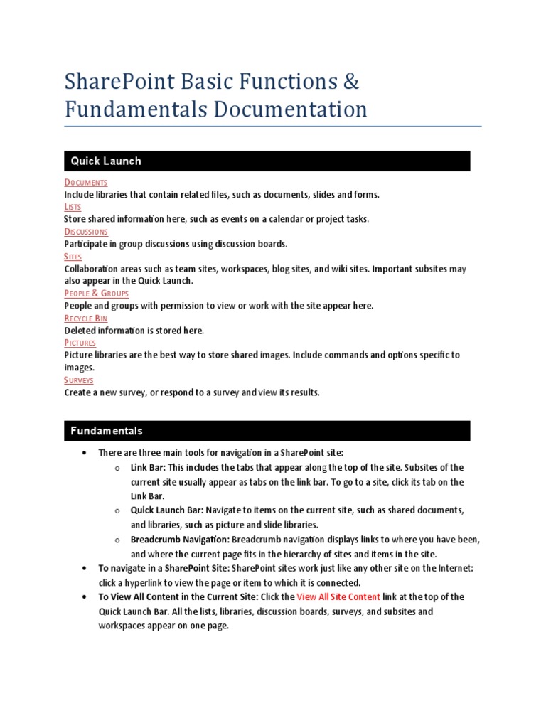 Sharepoint Basic Functions & Fundamentals Documentation: Quick Launch ...