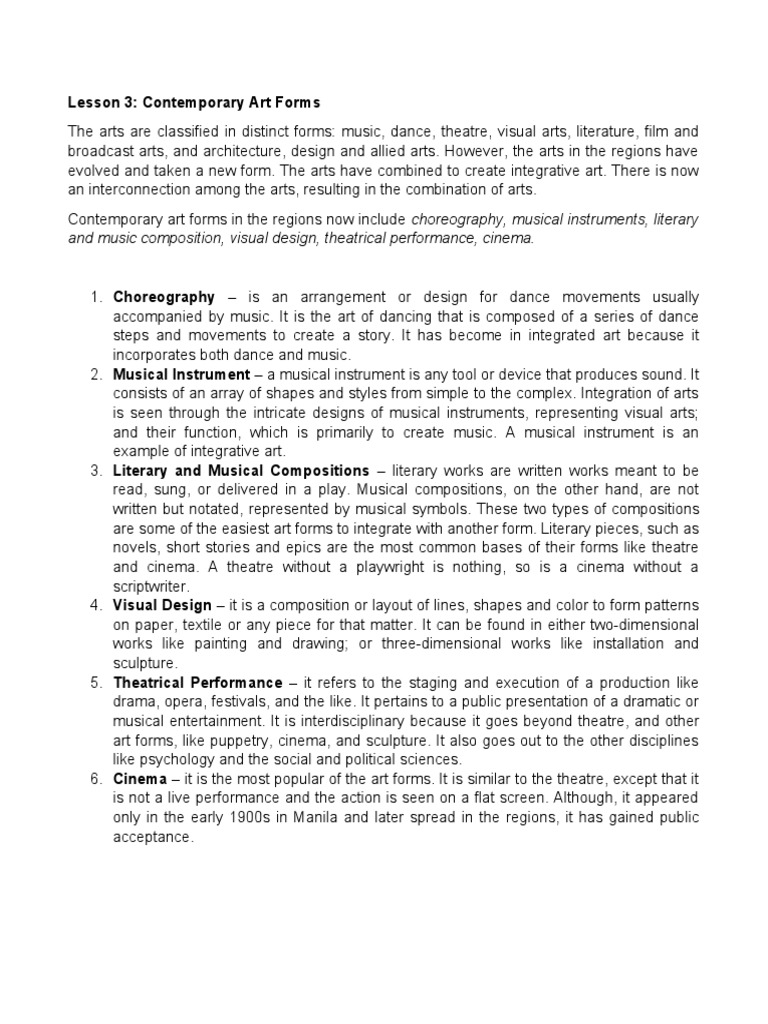 Lesson 3 - Contemporary Art Forms. | PDF | Dances | Musical Compositions