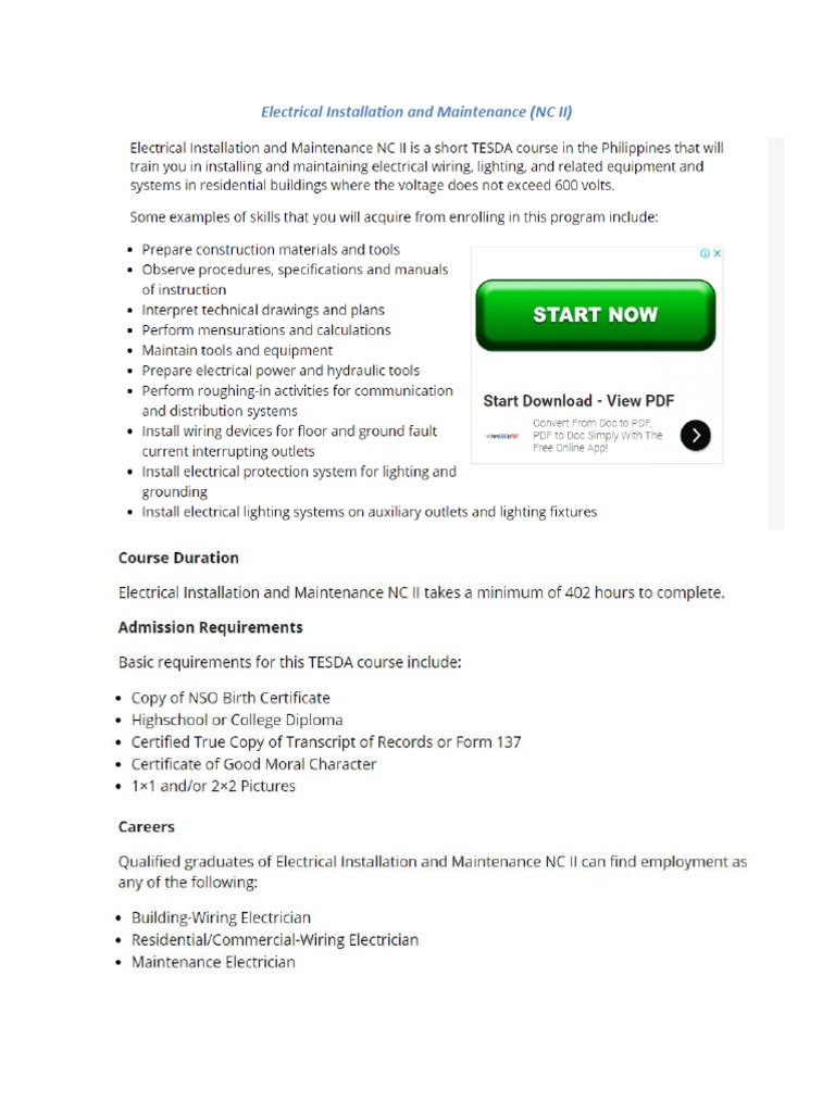 Electrical Installation and Maintenance (NC II) | PDF