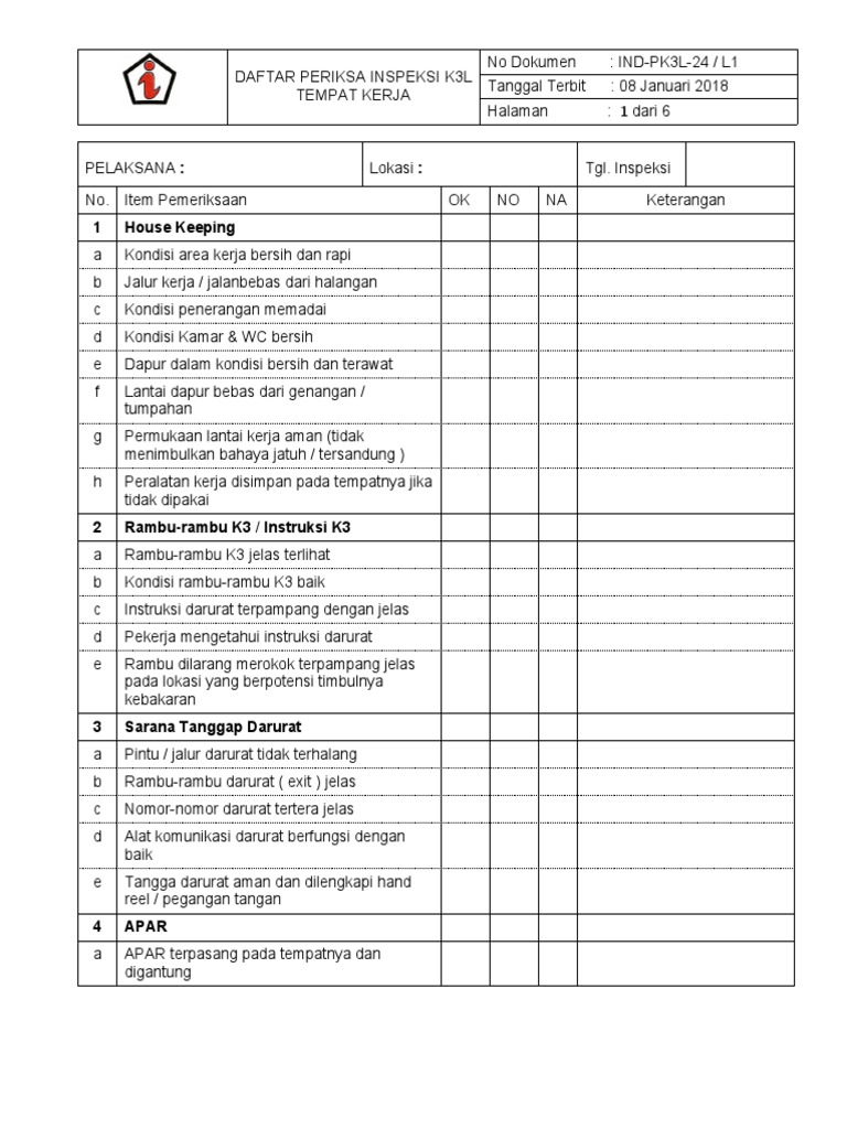 Daftar Periksa Inspeksi K3 Area Operasi | PDF
