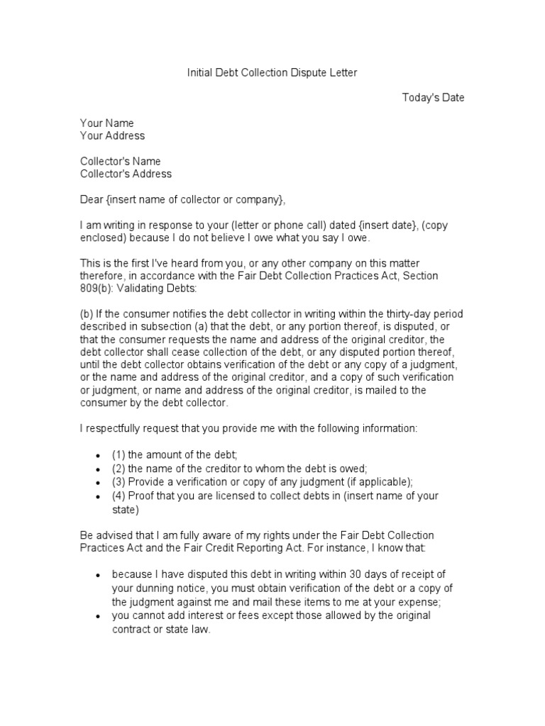 Initial Debt Collection Dispute Letter | PDF | Debt | Common Law