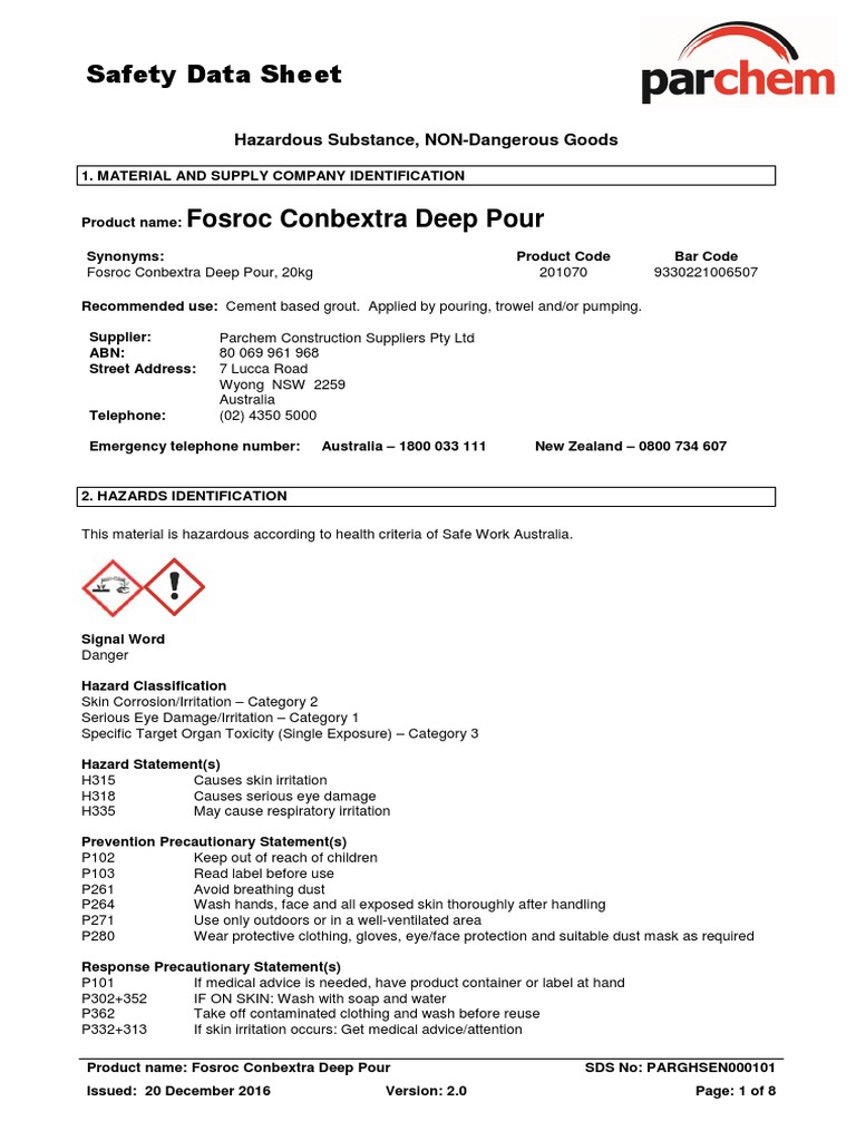 Fosroc Conbextra Deep Pour: Safety Data Sheet | PDF | Dangerous Goods ...