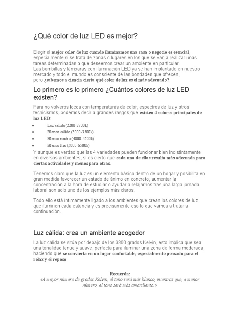 Tipos de luz LED para cada ambiente | PDF | Color | Diodo emisor de luz