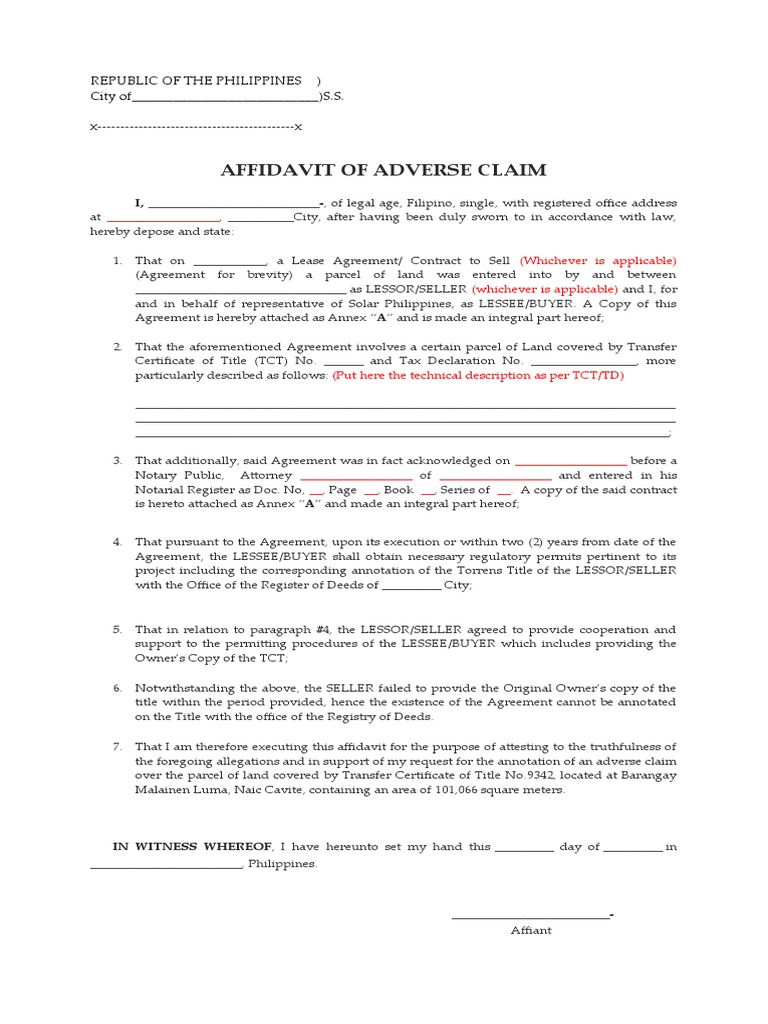 SAMPLE Adverse Claim | Download Free PDF | Lease | Affidavit