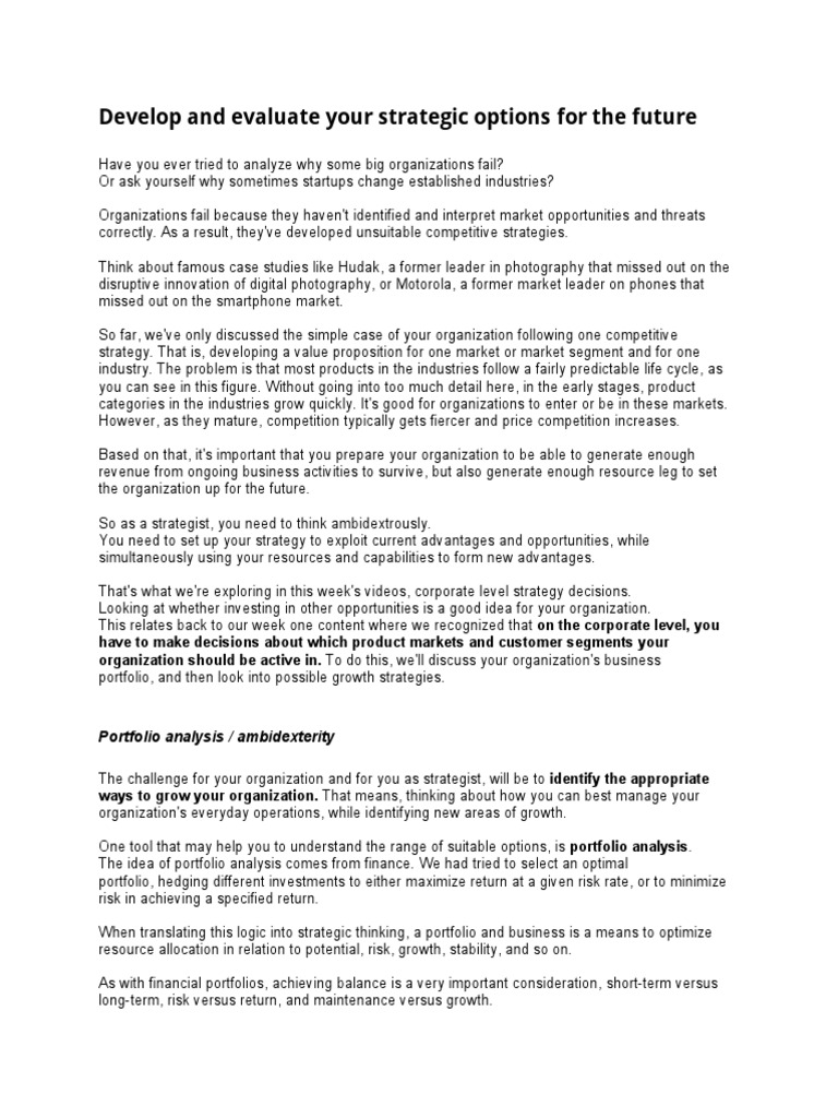 Develop and Evaluate Your Strategic Options | PDF | Modern Portfolio ...