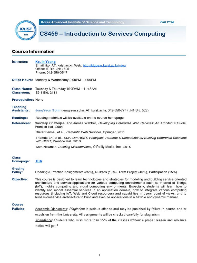 CS459 - Introduction To Services Computing: Course Information | PDF | Service Oriented ...