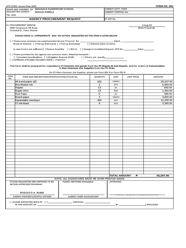 Agency Procurement Request: Please Check ( ) Appropriate Box On Action ...