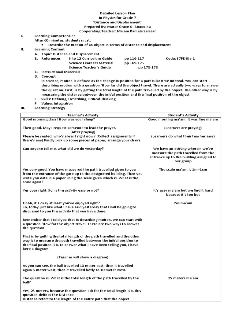 7 Distance and Displacement Dis | PDF | Distance | Lesson Plan