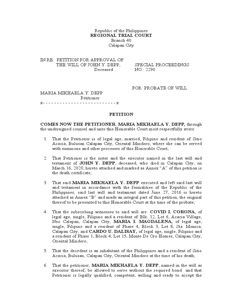 Form 53 Petition For The Probate of Will and The Issuance of Letters ...