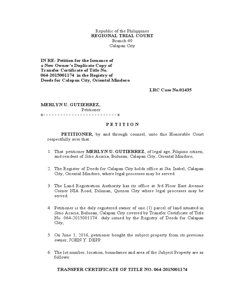 Form 51 Petition For Issuance of New Certificate of Title | PDF ...