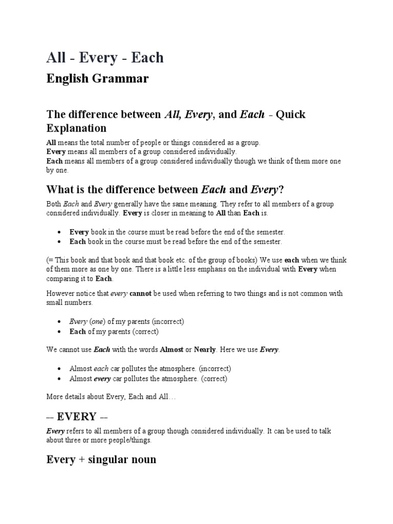 All - Every - Each: English Grammar | PDF | Grammatical Number | Plural