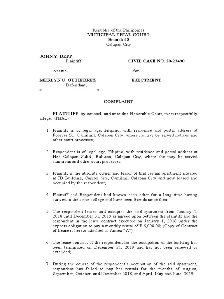 Form 45 Complaint (Ejectment) | PDF | Lease | Lawsuit