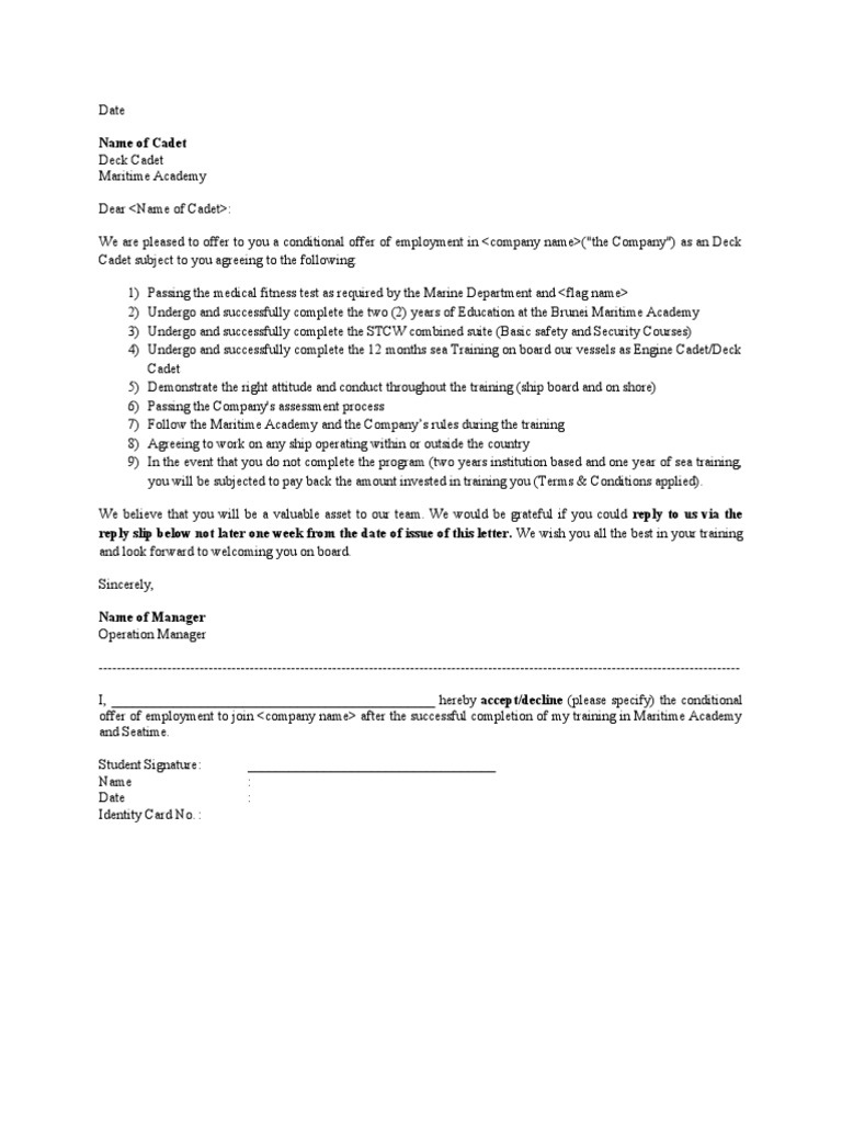 [Conditional Offer of Employment as a Deck Cadet] | PDF