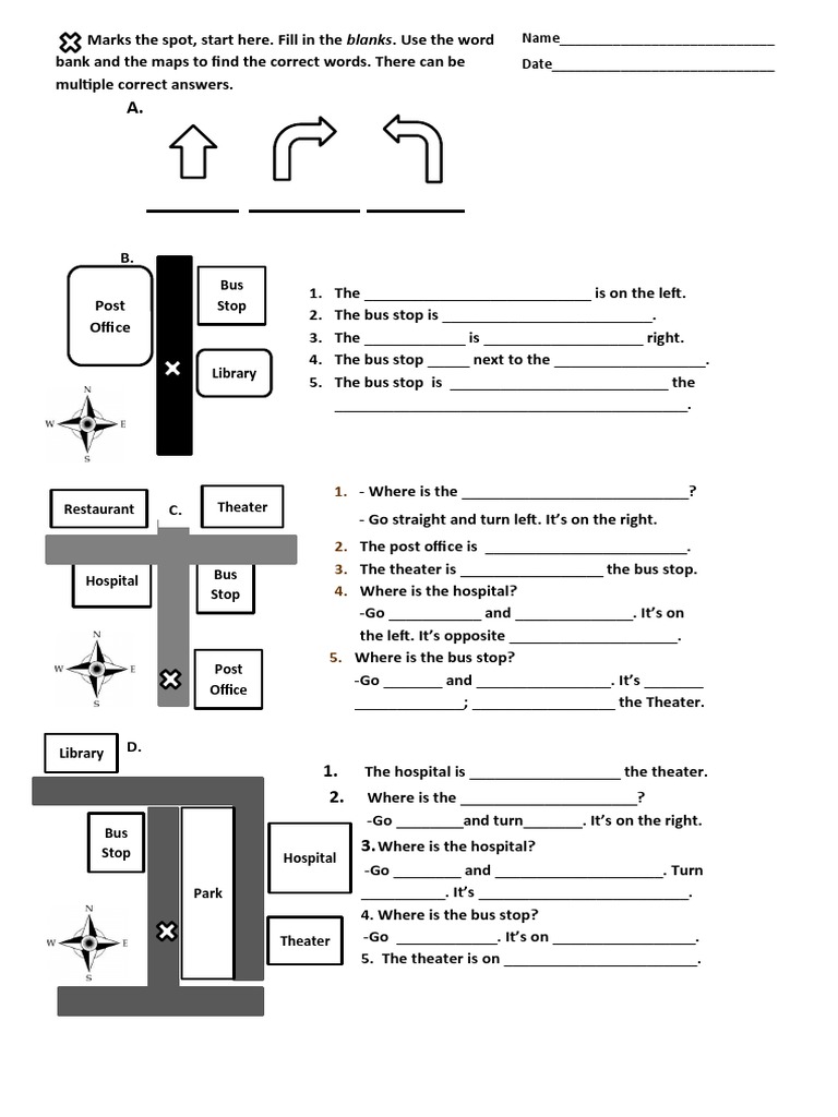 Directions Prepositions and Maps Worksheet | PDF | Leisure