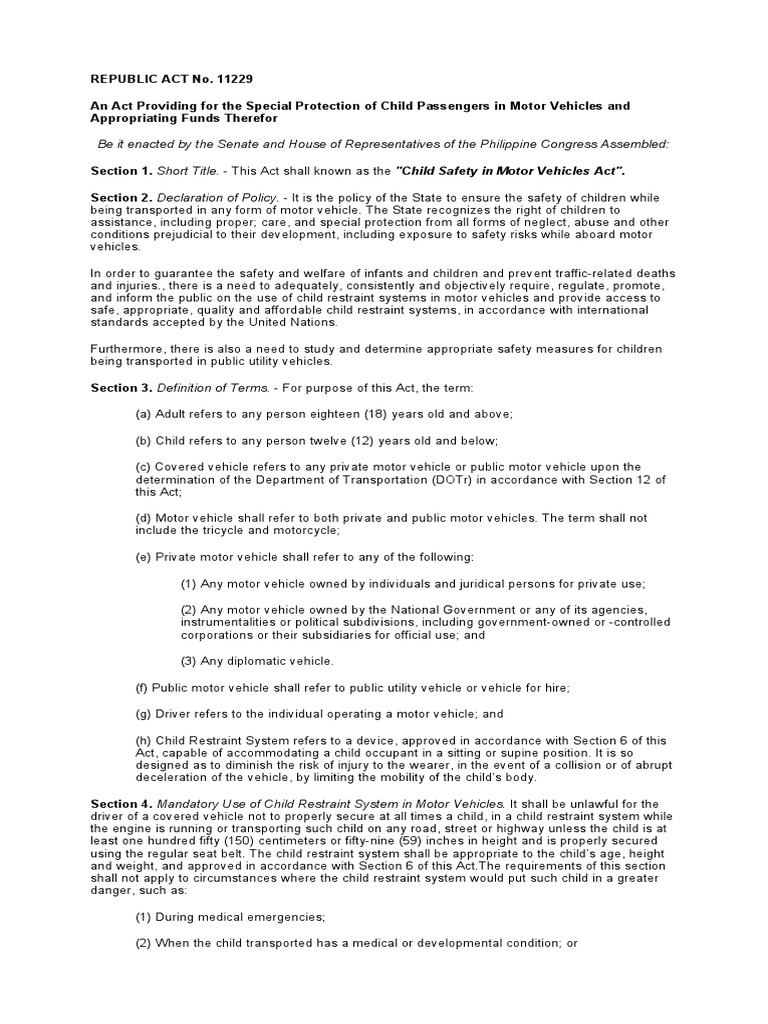 REPUBLIC ACT No 11229 | PDF | Vehicles | Safety