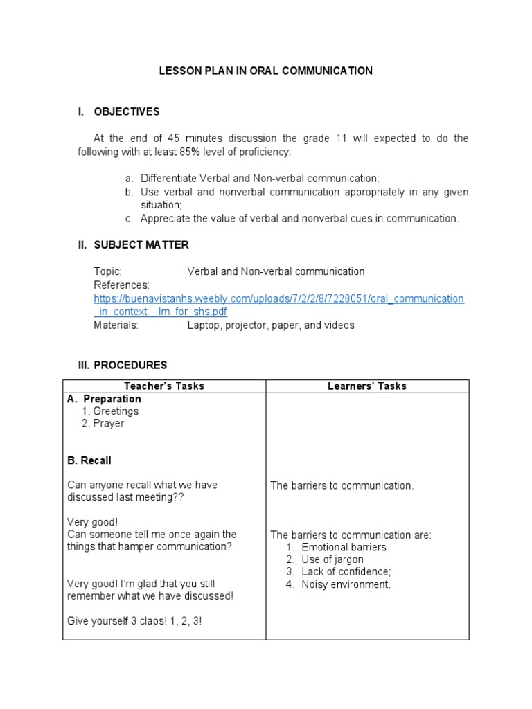 Grade 11 Lesson Plan: Verbal & Nonverbal Communication | PDF ...