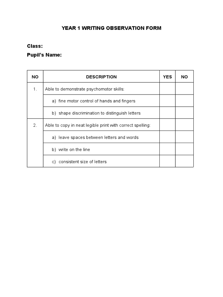 Year 1 Writing Observation Form | PDF | Language Arts & Discipline ...