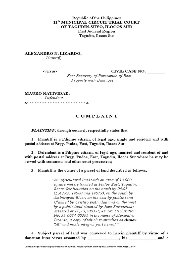 Complaint of Alexander Lizardo Versus Mauro Natividad | PDF | Lawsuit ...