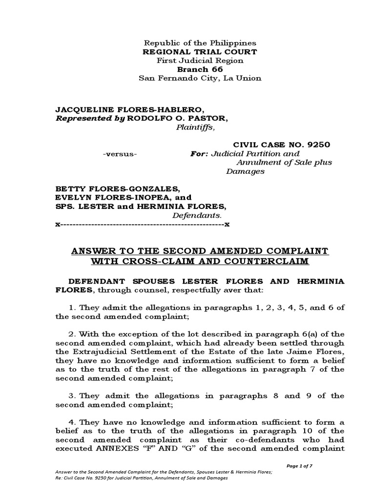 Answer To The Second Amended Complaint With Cross Claim and ...