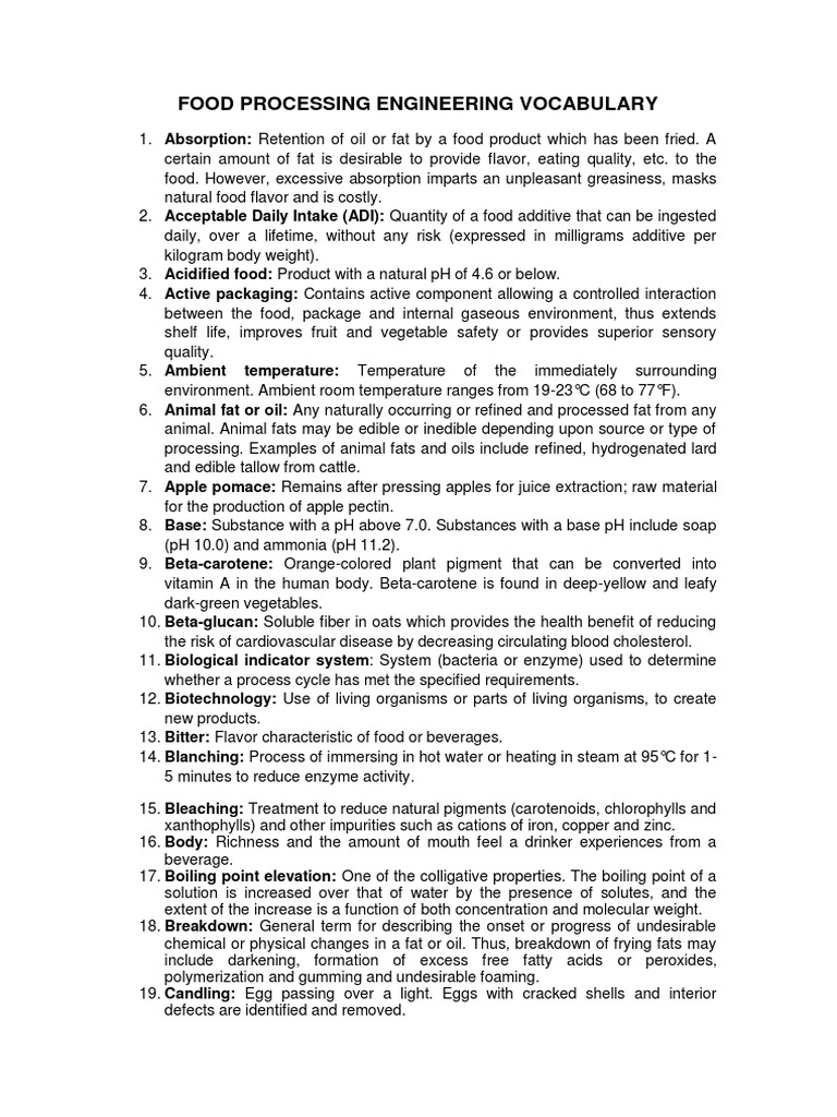 Food Processing Engineering Vocabulary | Download Free PDF | Foods ...