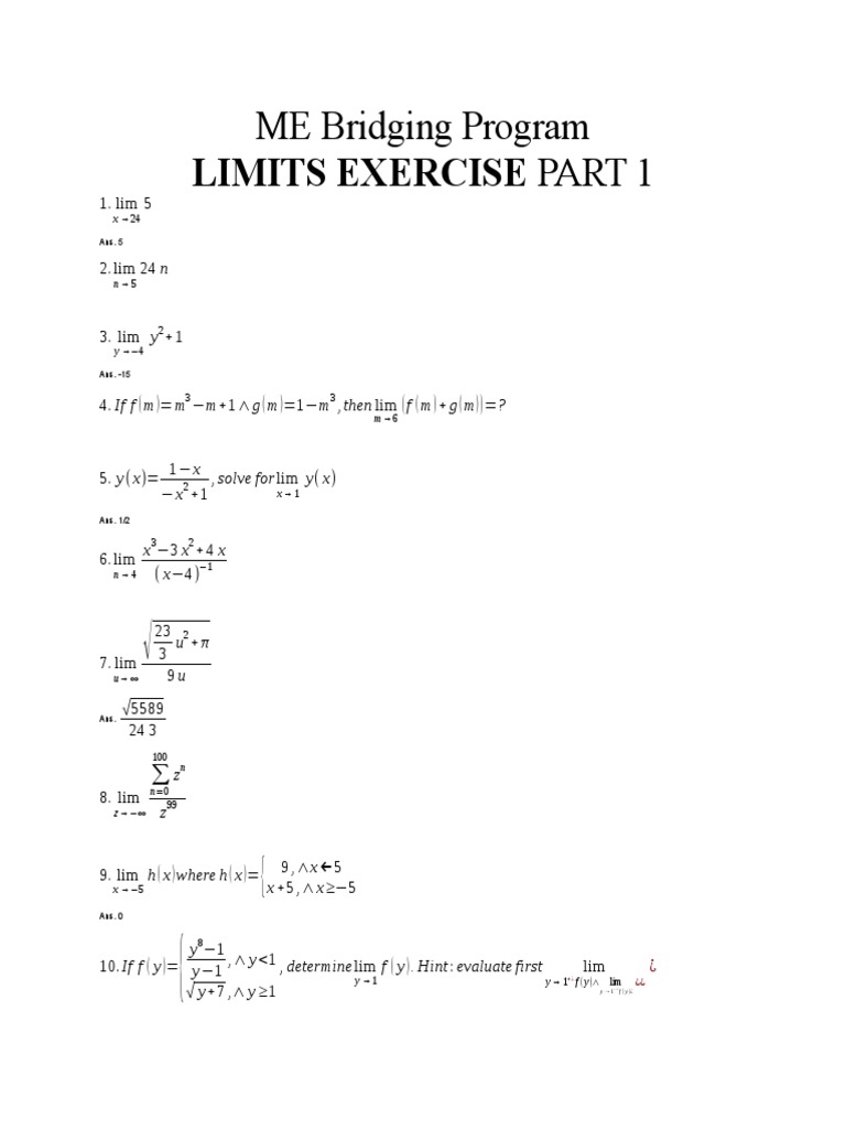 Limits Exercise Part 1: ME Bridging Program | PDF