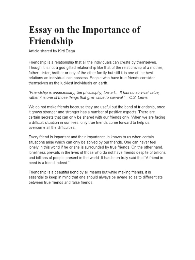 Essay On The Importance of Friendship | PDF | Friendship | Reason