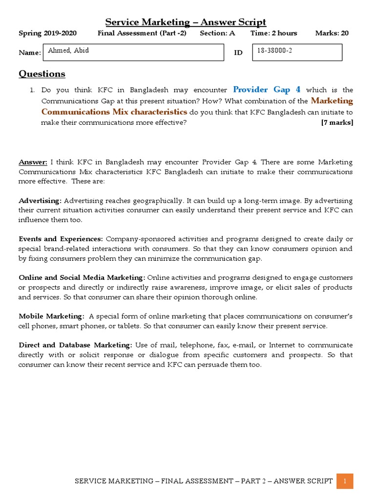 Service Marketing - Answer Script: Marketing Communications Mix ...