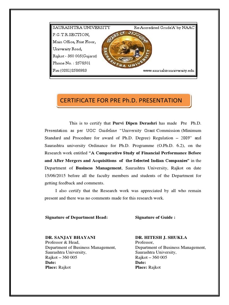 Pre Ph.D. Presentation Certificate | PDF | Career & Growth | Business
