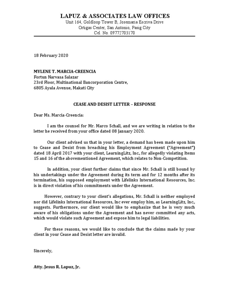 Schall - C&D Reply Letter | PDF | Business | Finance & Money Management