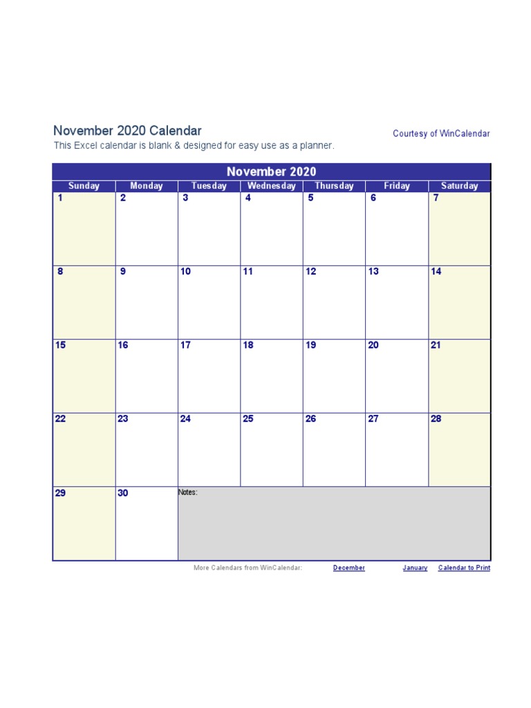 Blank November 2020 Calendar | PDF