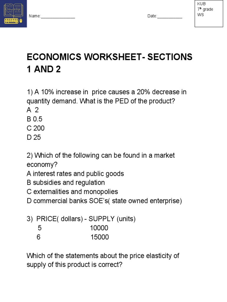 Economics Worksheet - Sections 1 and 2 1 | PDF | Demand | Price ...