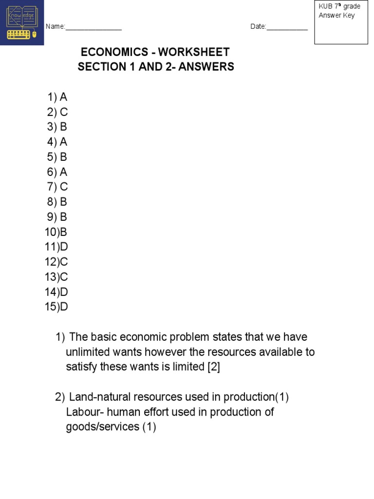 Economics - Worksheet Section 1 and 2-Answers 1) A 2) C | PDF
