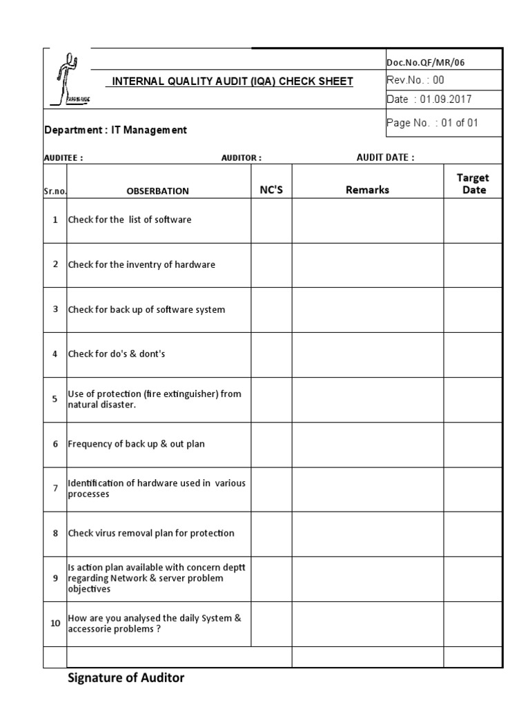NC'S Remarks Target Date: Internal Quality Audit (Iqa) Check Sheet | PDF