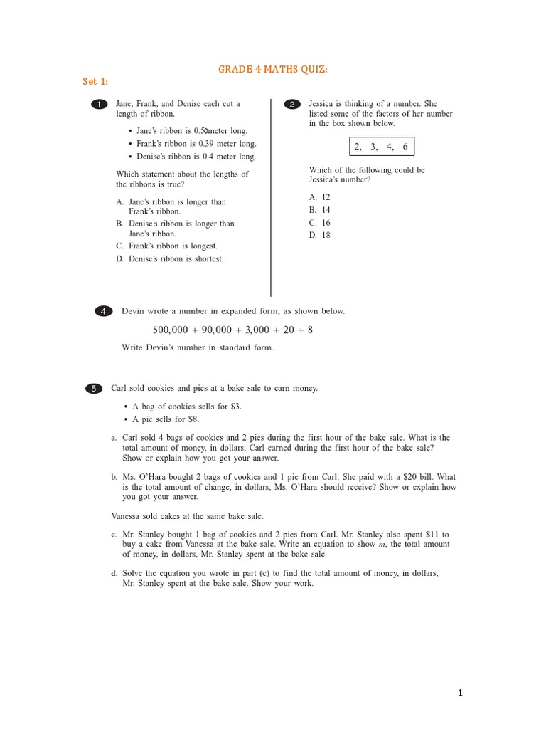 Grade 4 Maths Quiz PDF | PDF | Educational Assessment And Evaluation ...