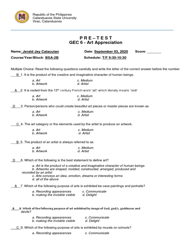 Art Appreciation Pre-Test Questions | PDF | Theatre | Actor