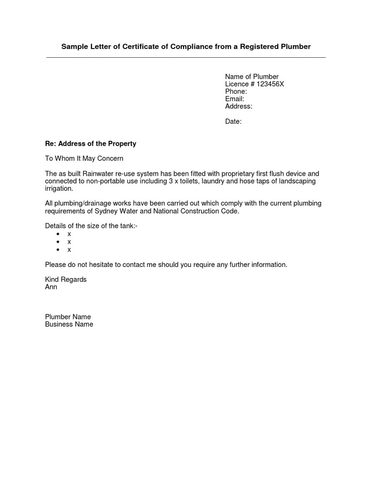 1-Sample Letter of Certificate of Compliance From A Registered Plumber ...
