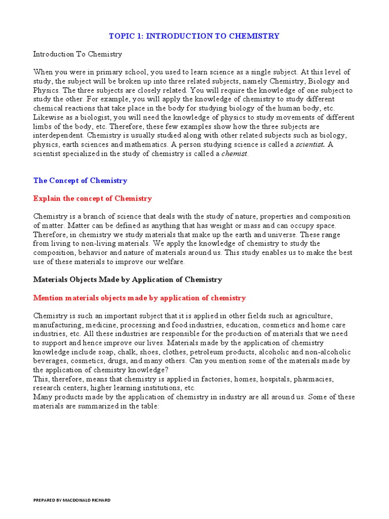 Topic 1 Introduction To Chemistry | PDF | Chemistry | Biology