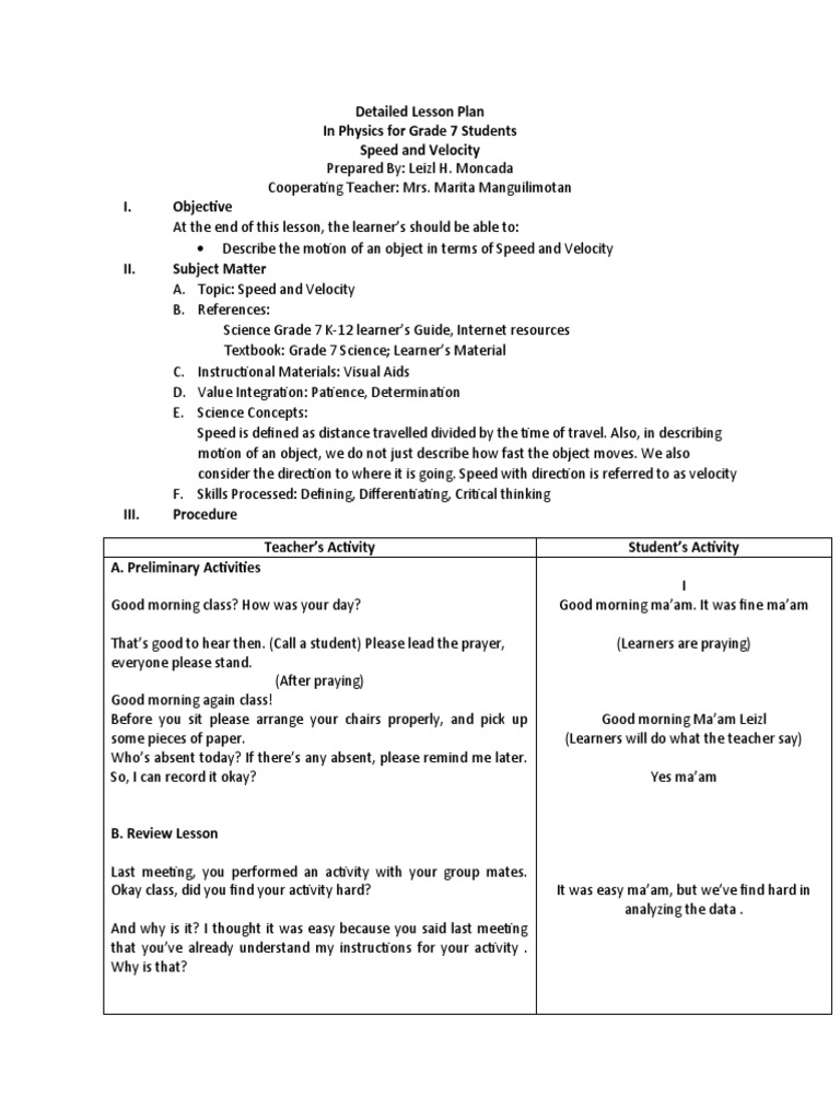 Detailed Lesson Plan in Physics For Grade 7 Students Speed and Velocity ...