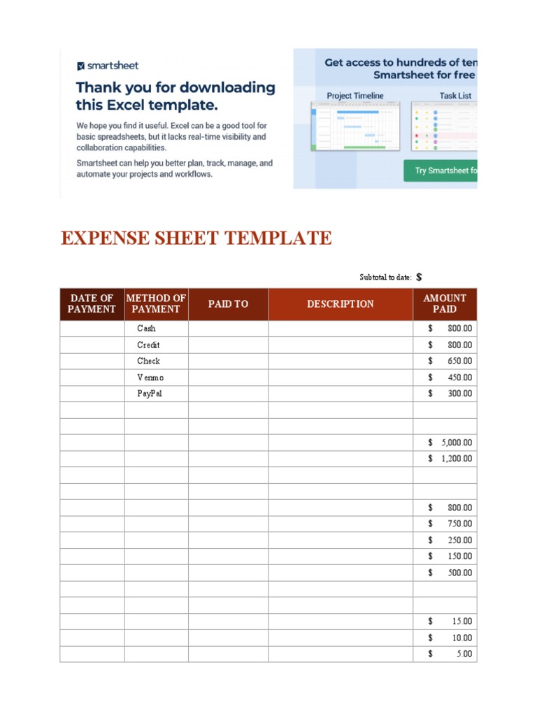 Detailed Expense Tracking Sheet Template With Descriptions of Payments ...