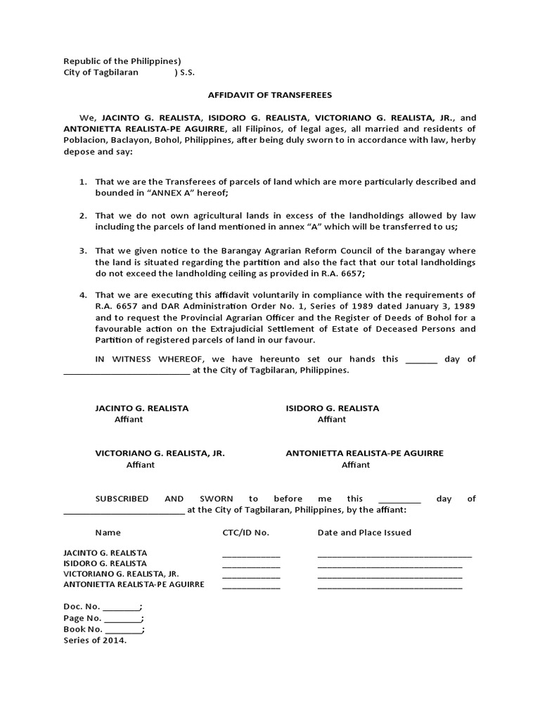 Affidavit (Transferee) | PDF | Affidavit | Philippines